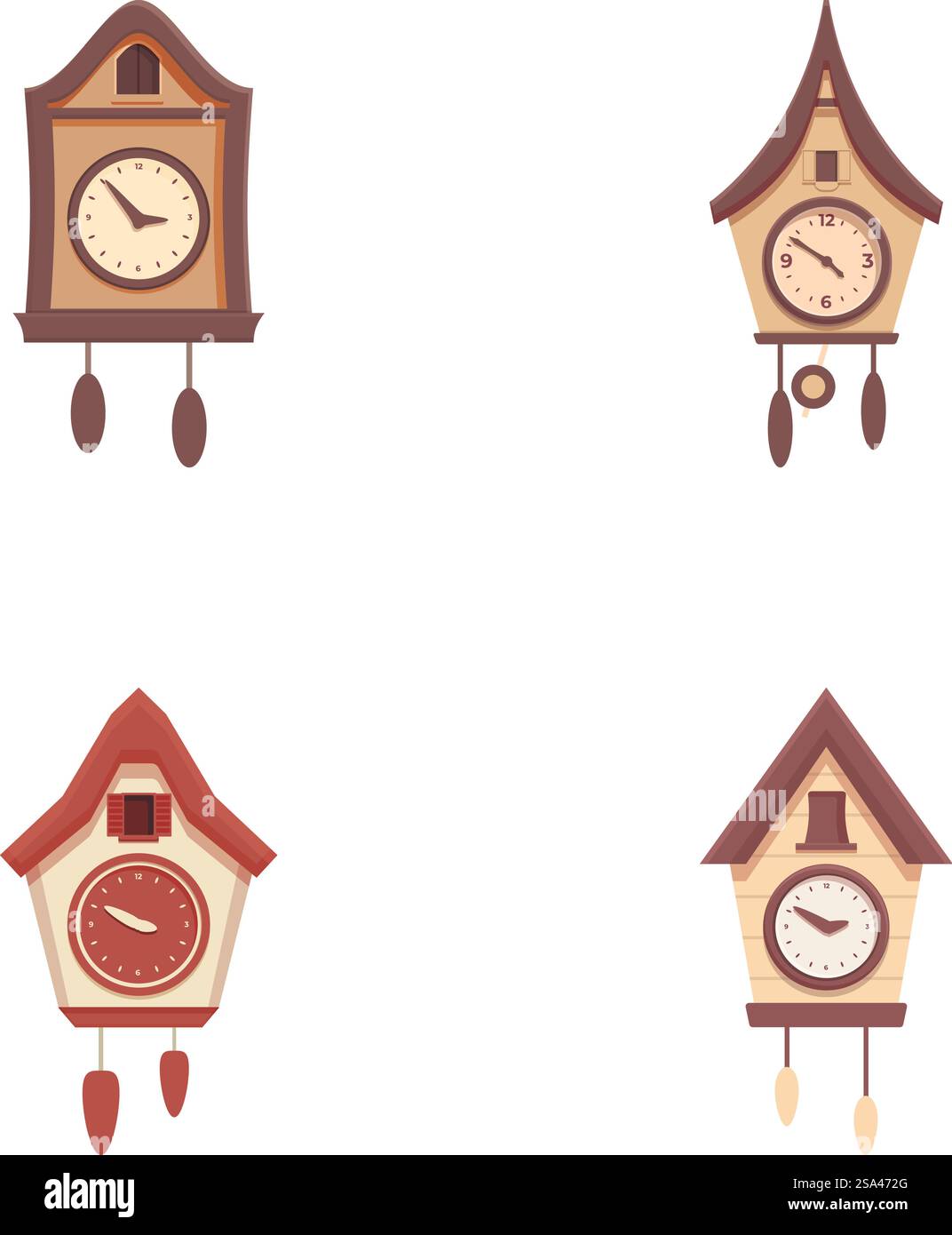 Collection of four classic wooden cuckoo clock designs isolated on a ...