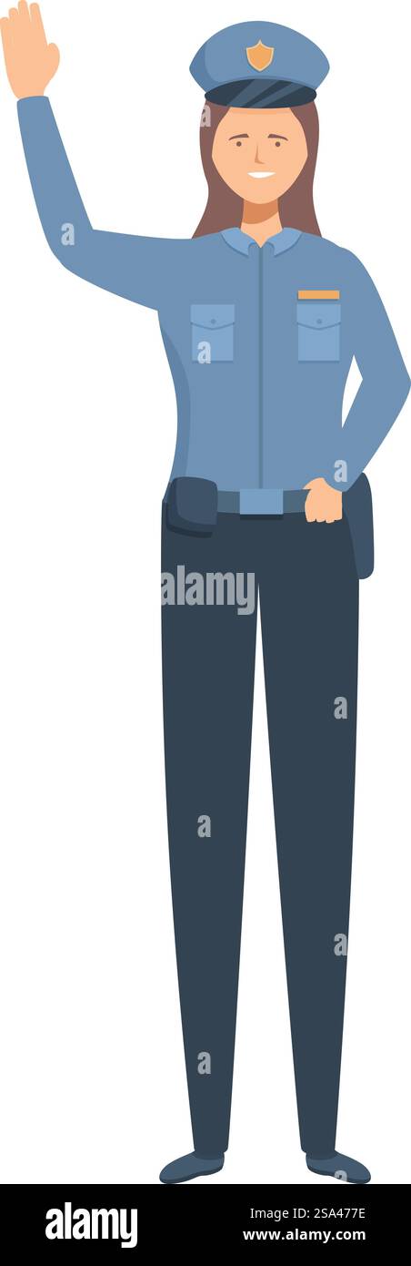 Smiling police woman standing and raising hand for greeting. Police ...