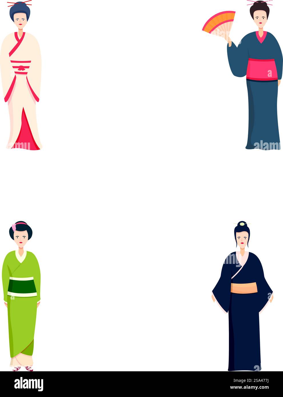Set of four diverse geisha characters in kimonos with classic ...