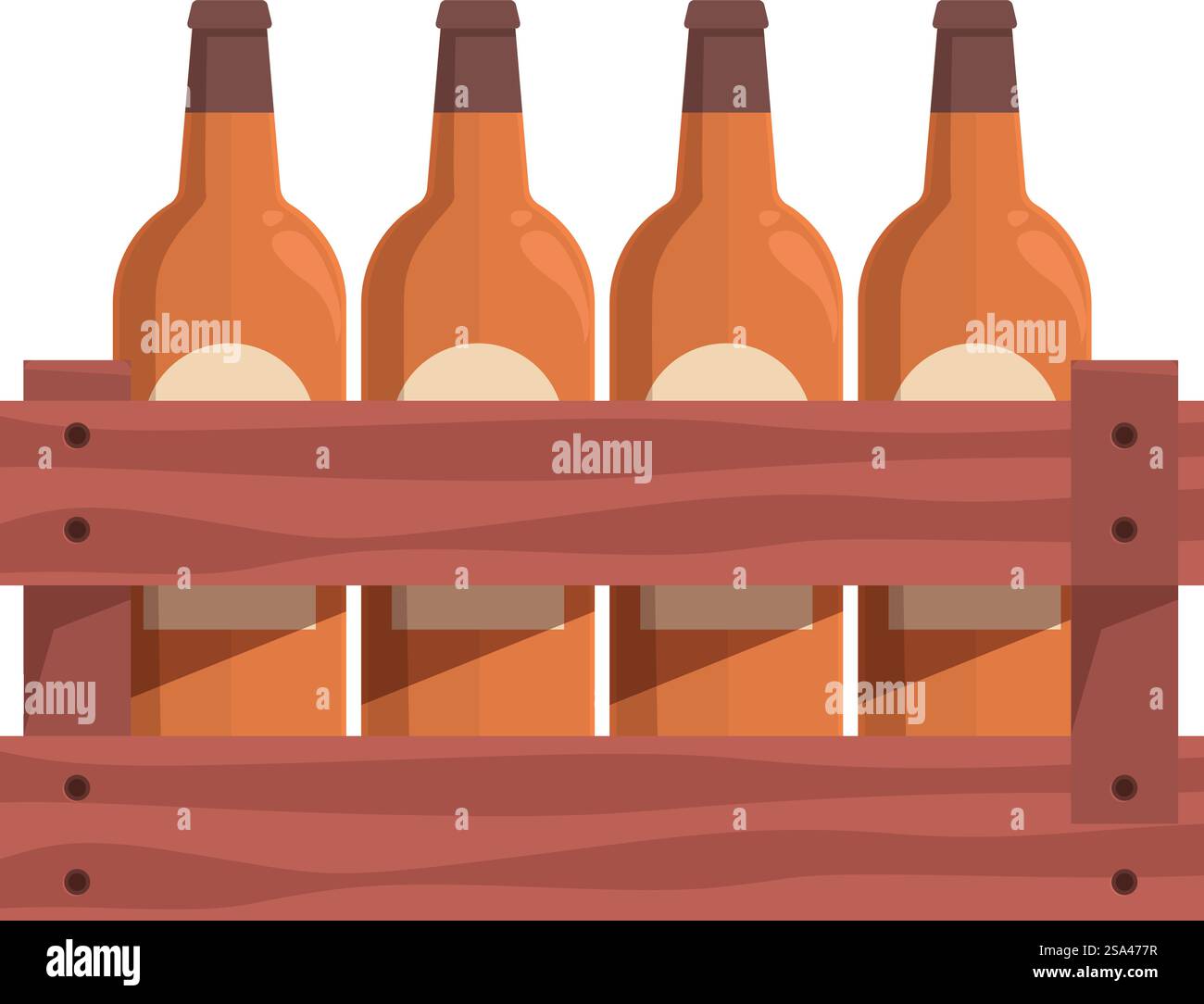 Four identical beer bottles with blank labels are standing in a wooden ...