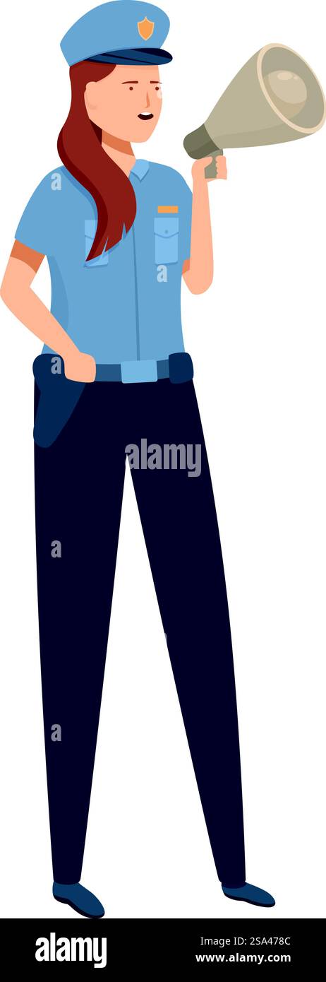 Confident female police officer is using a megaphone to make an ...