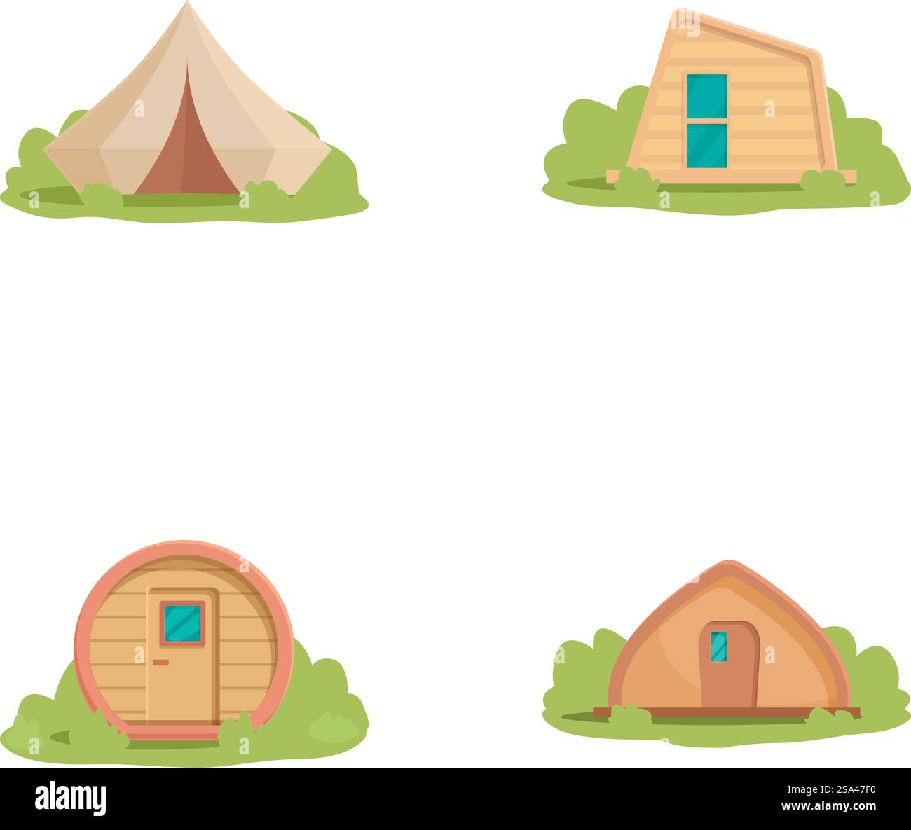 Glamping icons set cartoon vector. Different comfortable glamping tent ...