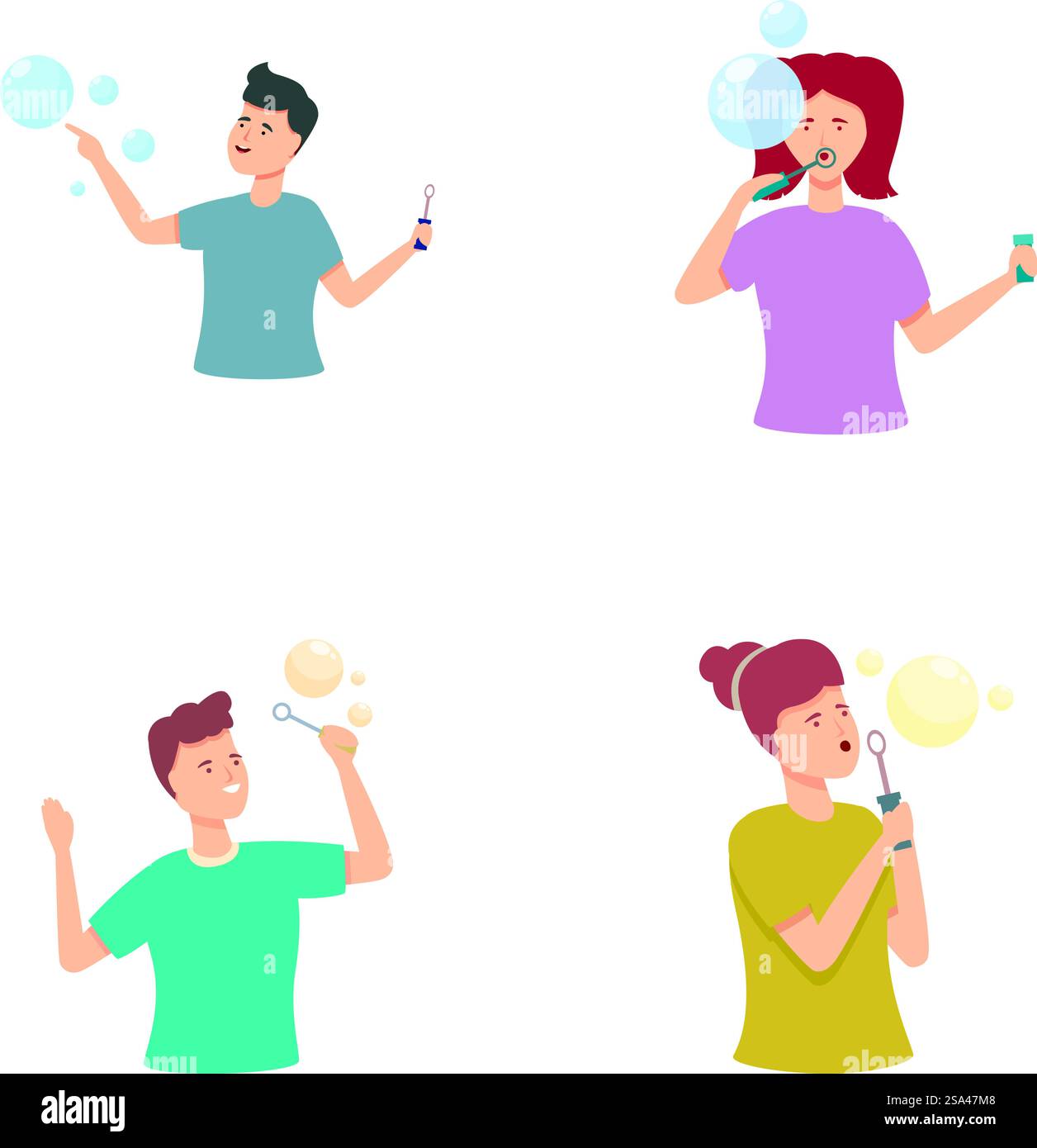 Illustrations of diverse cartoon characters playfully blowing soap ...