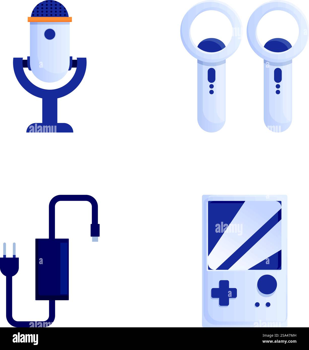 Collection of vector icons depicting a microphone, scissors, cable, and ...