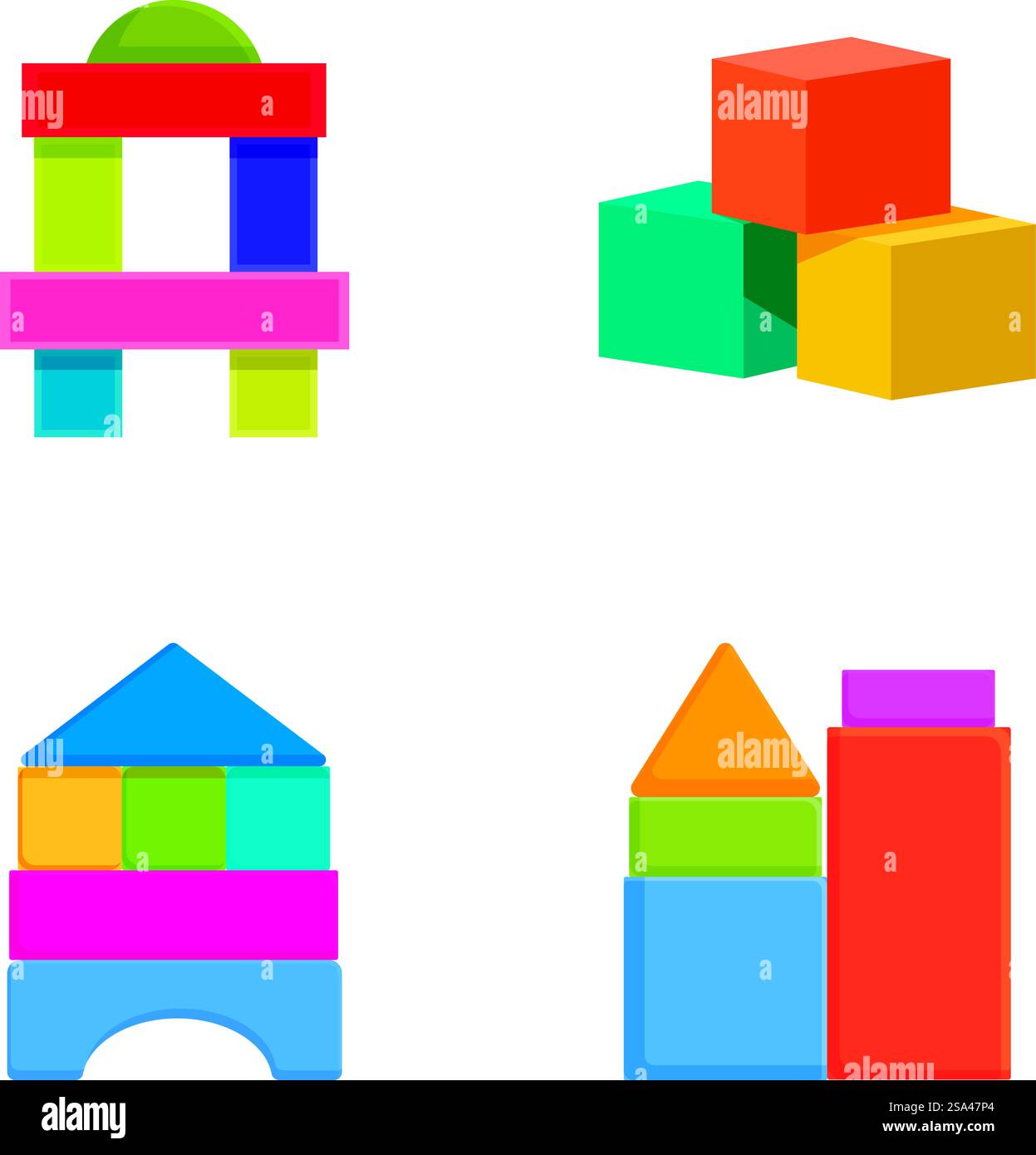 Collection of colorful toy blocks arranged in various shapes isolated ...
