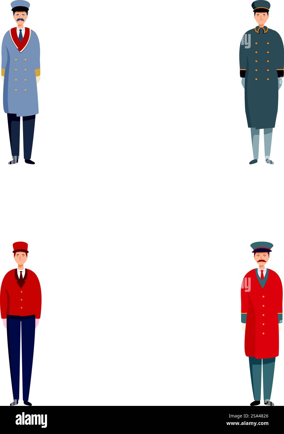 Illustrated set of four train conductors in different uniforms and ...