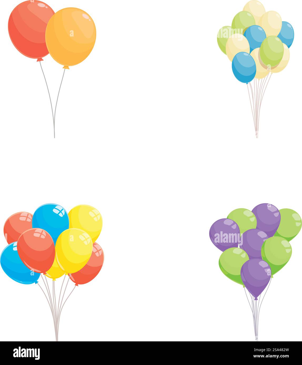 Collection of four vector illustrations featuring vibrant balloon clusters in different colors ...