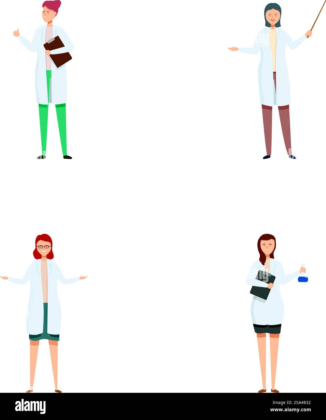 Collection of four illustrated doctors in various poses, isolated on a ...