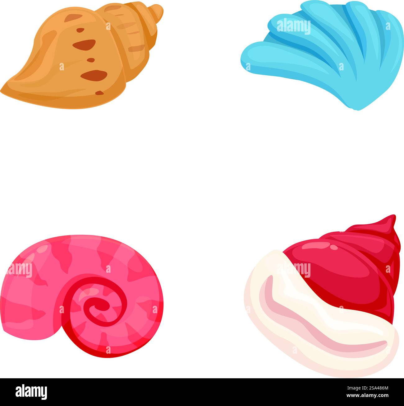 Four cartoonstyle sea shells, each with a unique shape and color ...