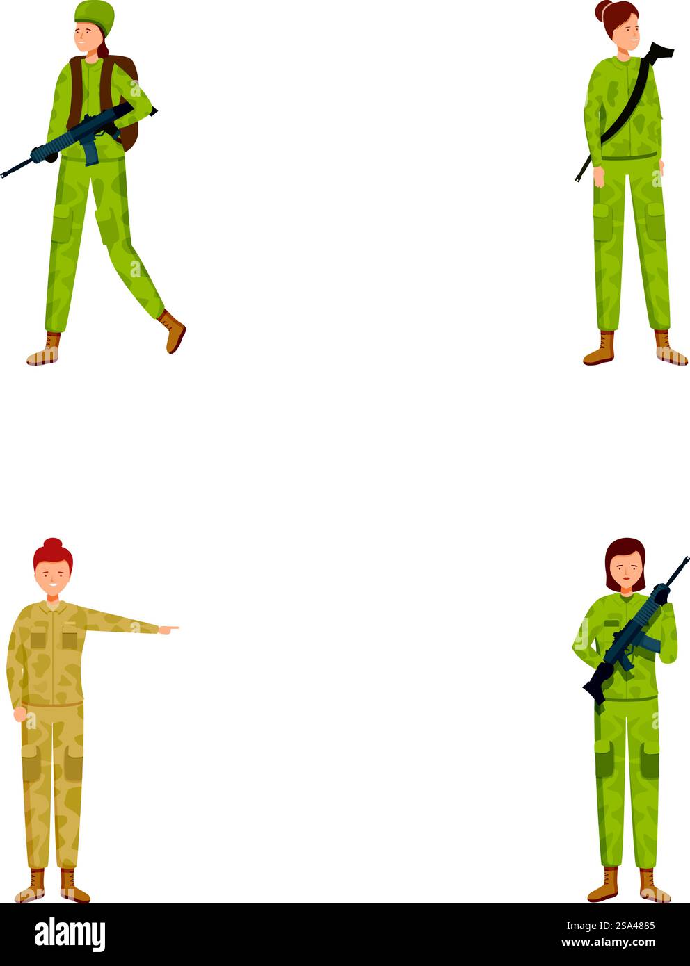 Collection of four cartoon military figures in various poses, isolated ...