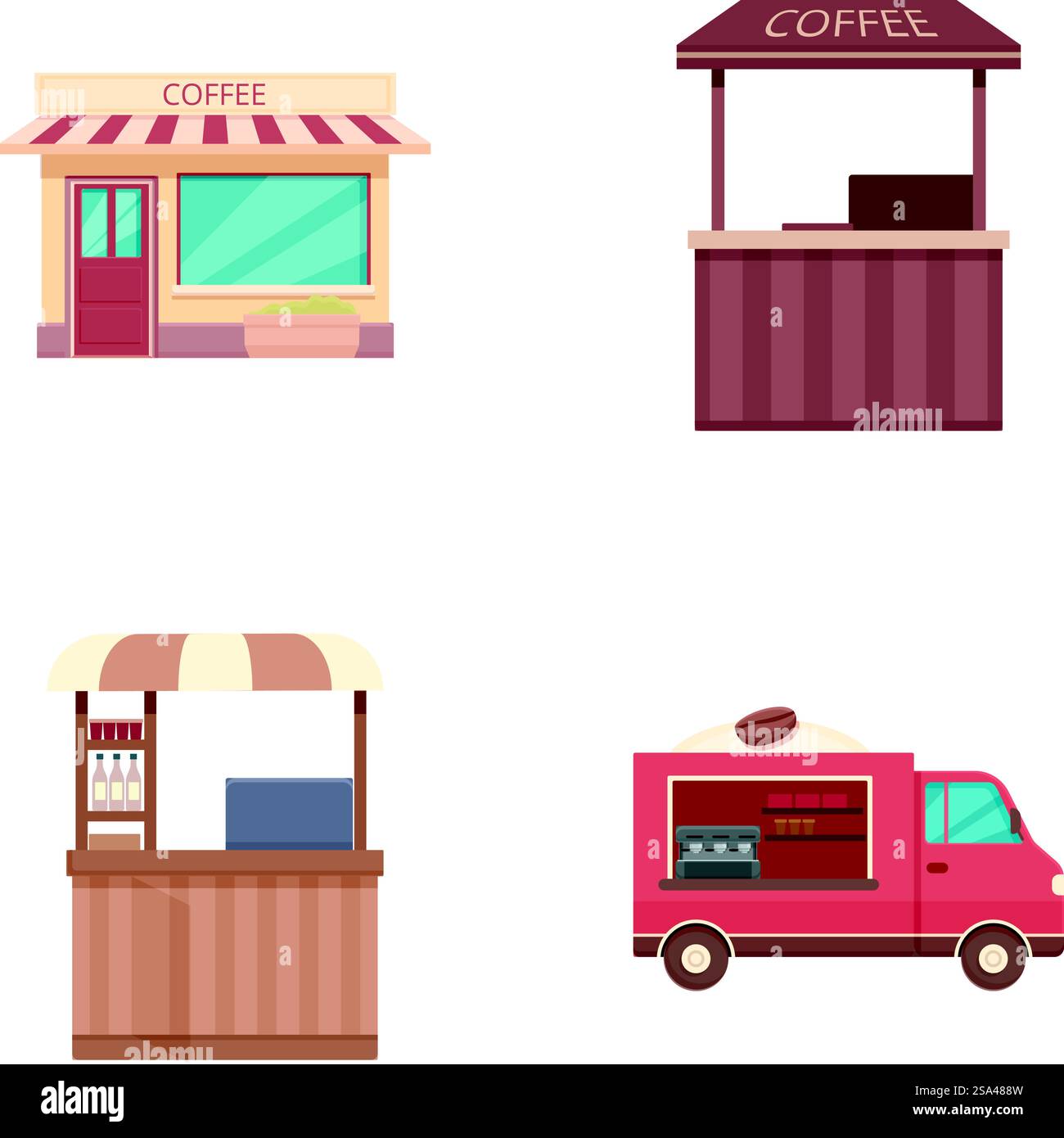 Collection of four different coffee shop and kiosk illustrations ...