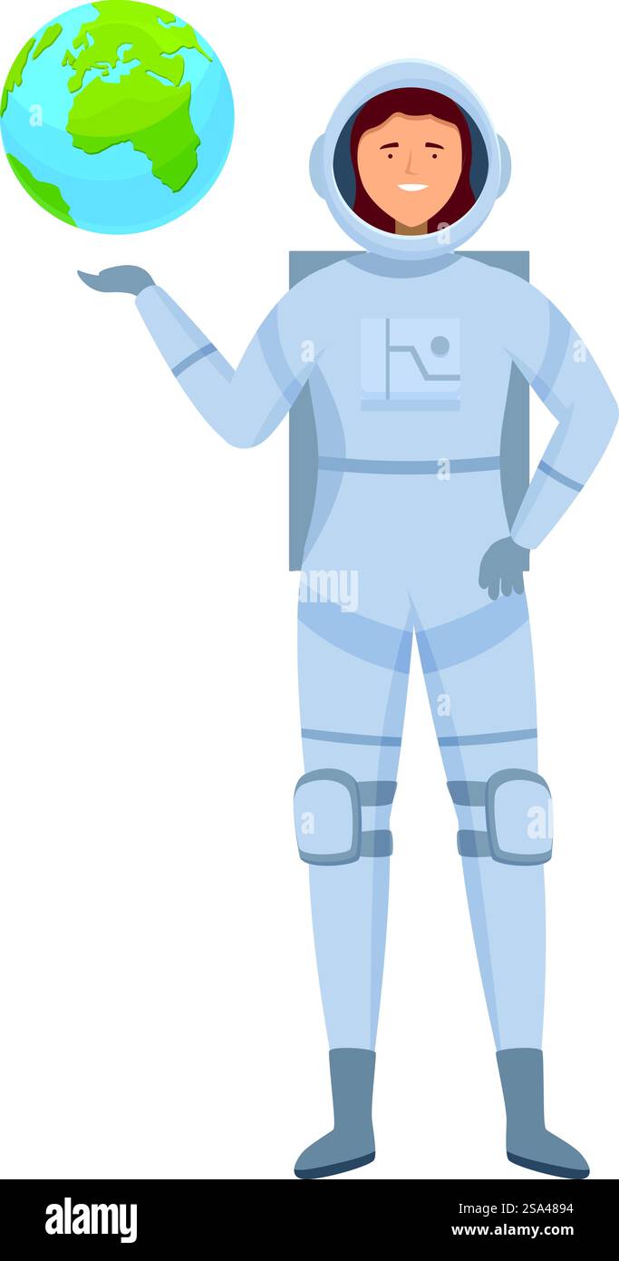 Smiling female astronaut presenting planet earth with open hand palm up ...