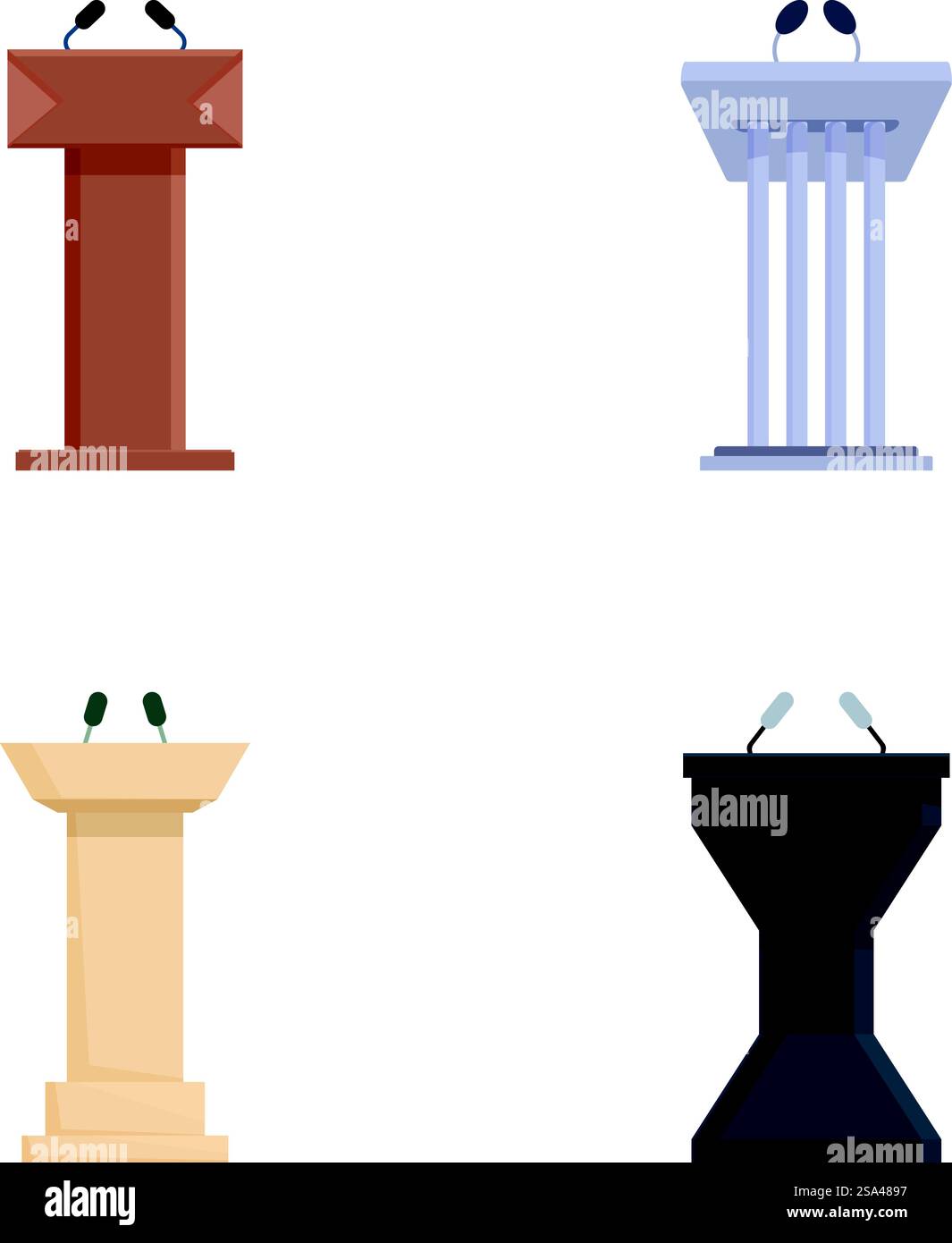 Collection of four diverse podiums with microphones isolated on a white ...