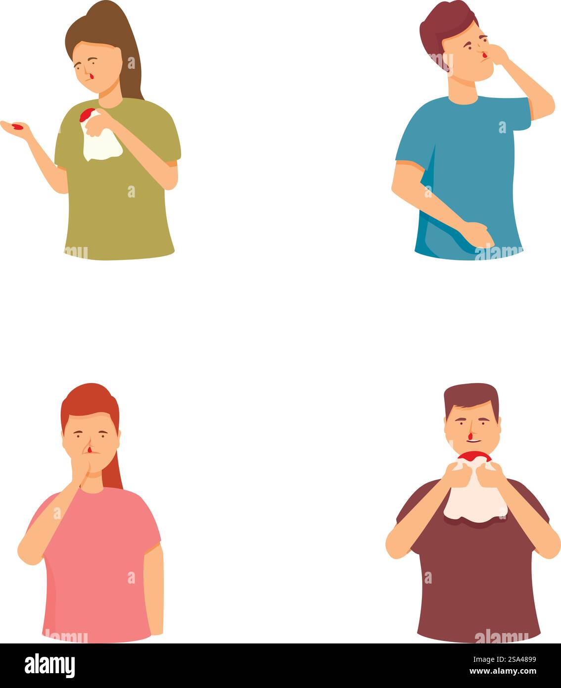 Illustration of individuals displaying different symptoms of illness ...