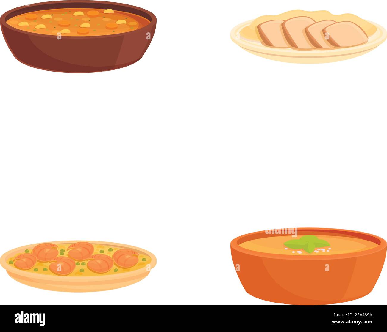 Collection of four appetizing cartoon illustrations of different food ...