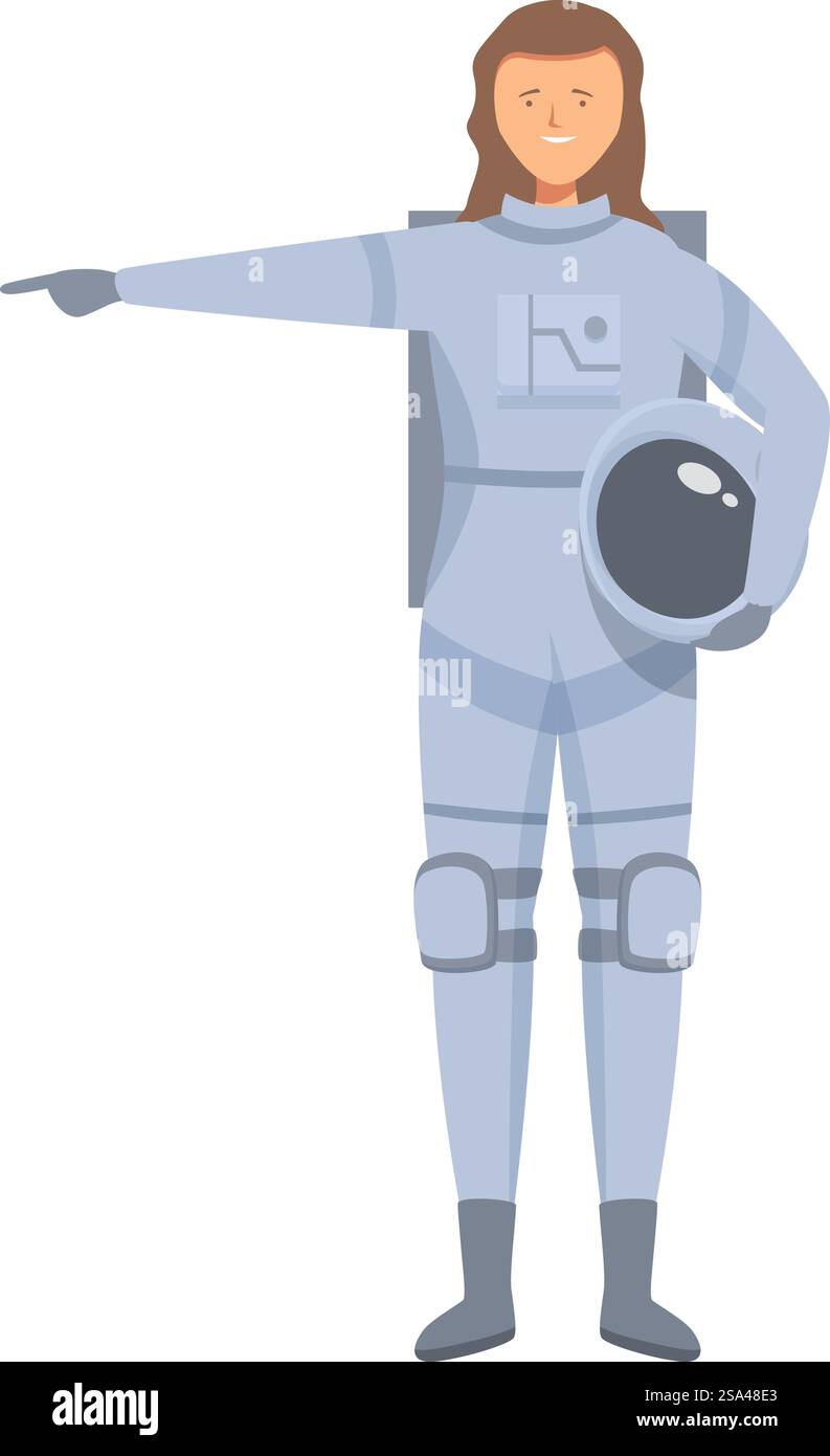 Young smiling female astronaut pointing with finger to the side holding ...
