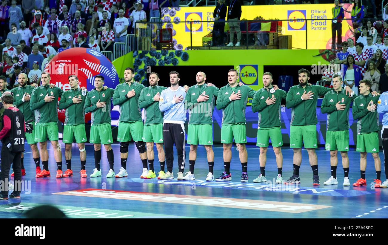 Players of Hungary line up for the national anthems prior to the 2025 ...