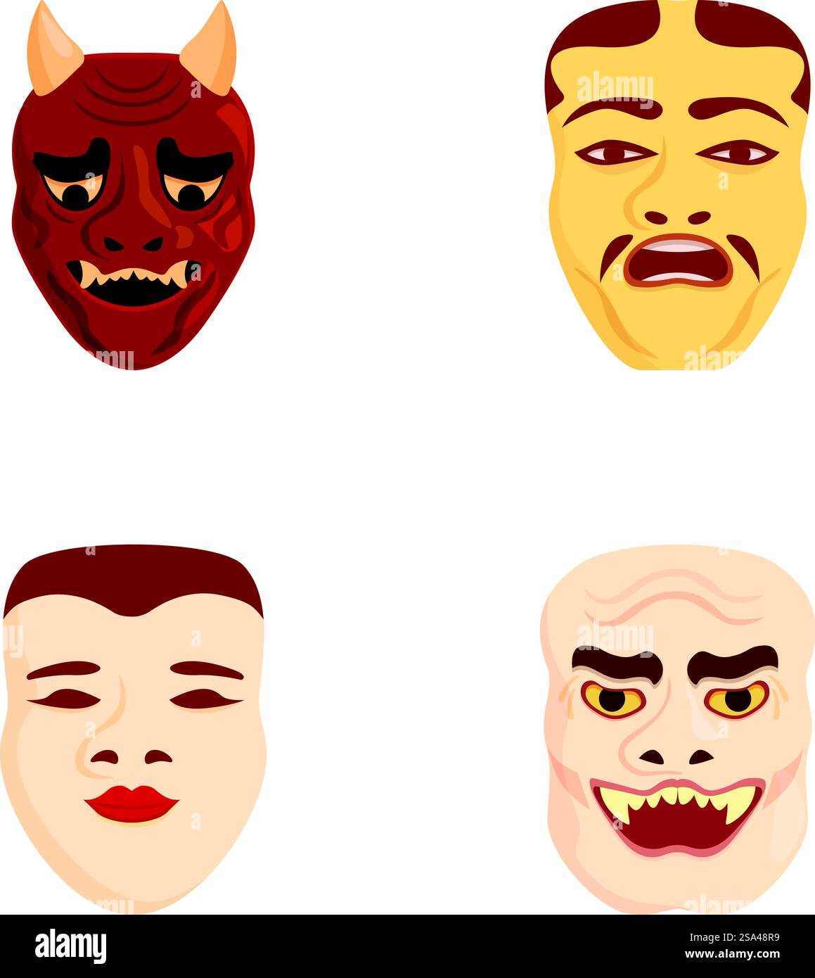 Set of four diverse theater masks representing different emotions and ...
