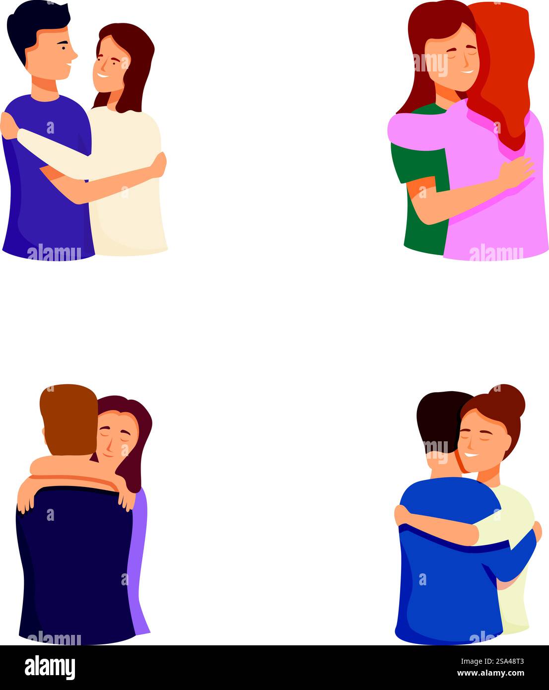 Illustration set of diverse couples hugging, showing love and comfort ...