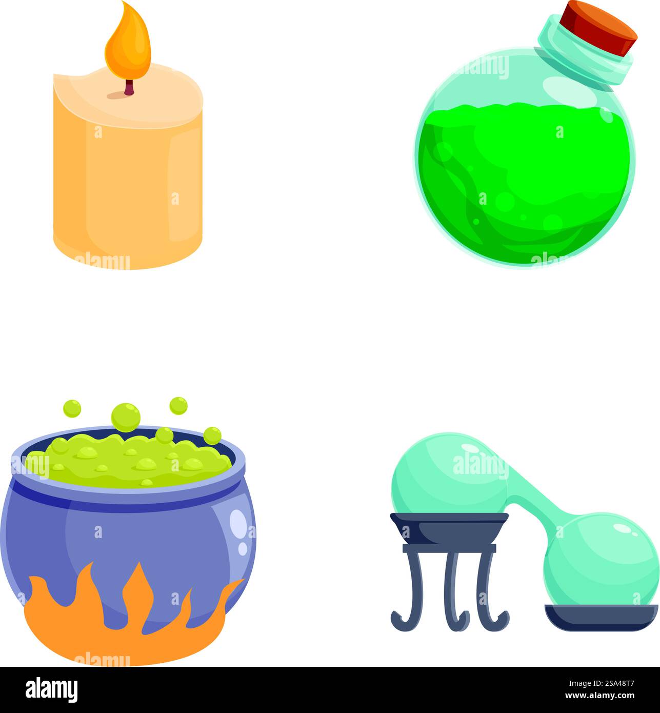 Vector illustrations of a candle, potion bottle, cauldron, and crystal ...
