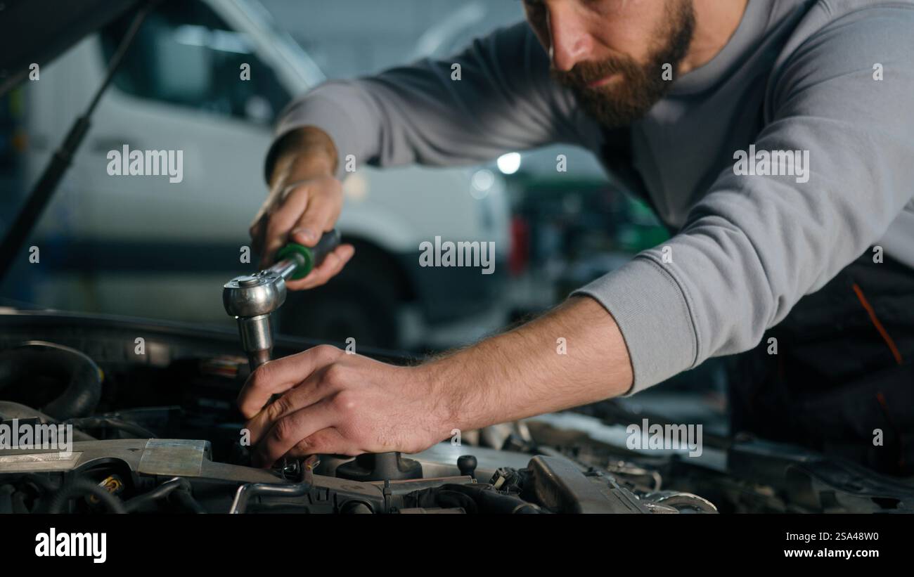 Caucasian man professional auto mechanic repairman service worker ...