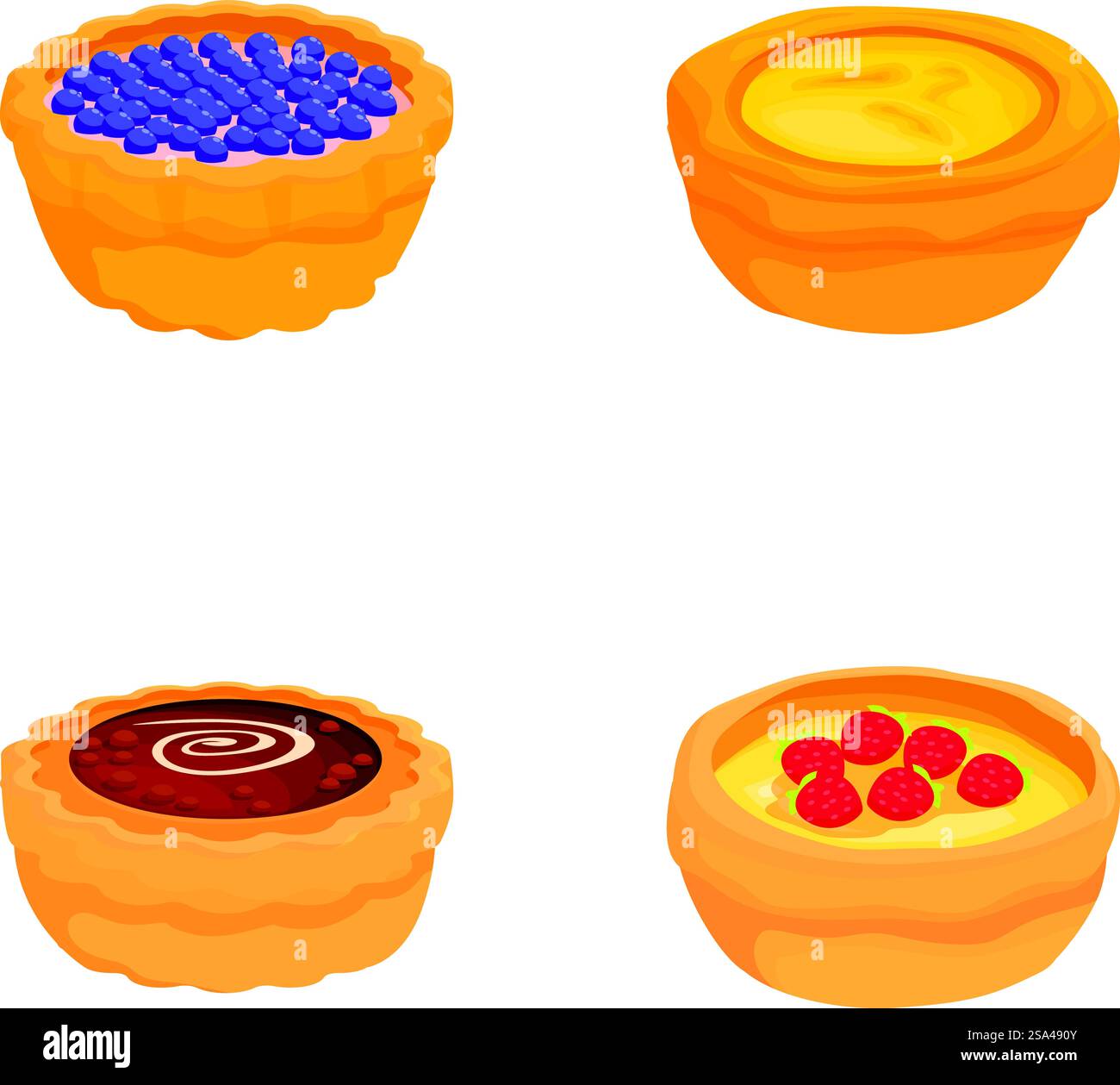 Collection of colorful cartoon tarts with different toppings, perfect ...