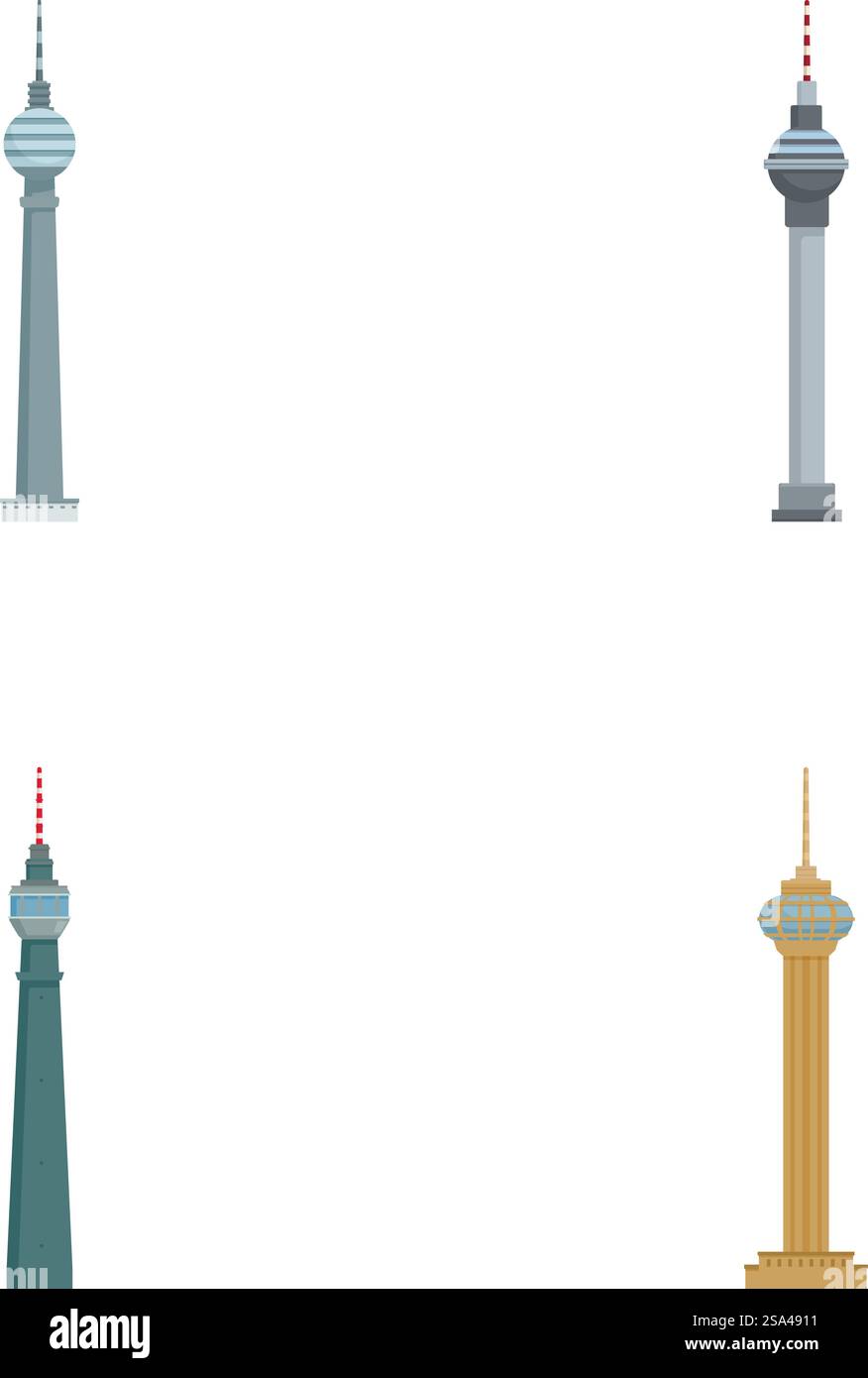 Collection of four stylized cartoon tv towers isolated on a white background. Set of four ...