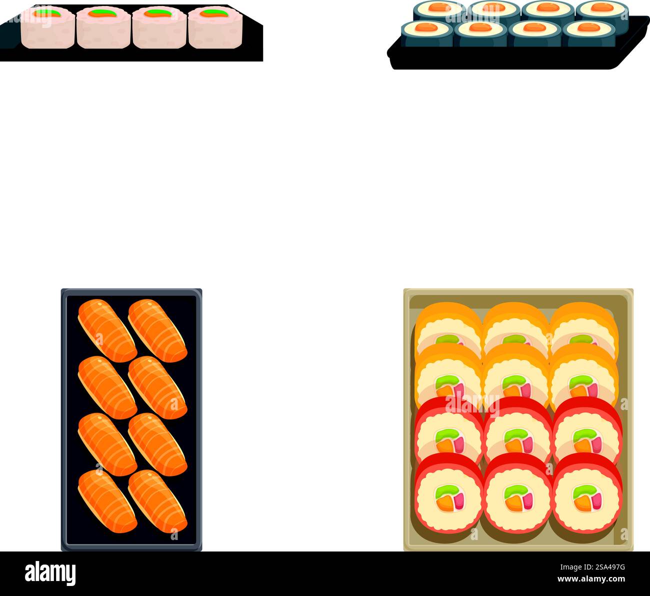 Vector illustrations of four popular sushi plates, perfect for menu ...