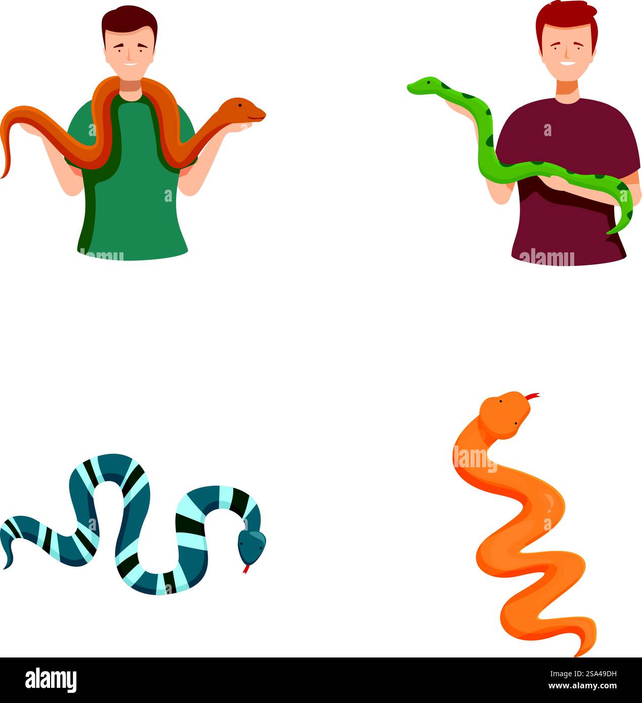 Friendly cartoon illustrations featuring individuals holding snakes hi ...