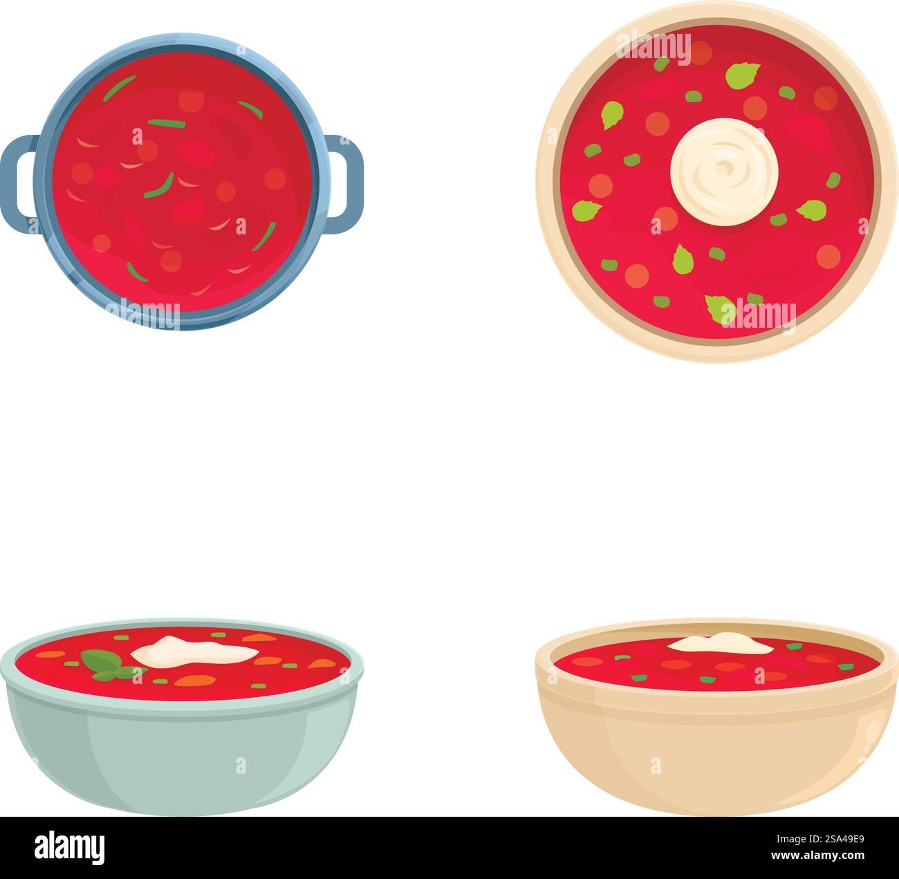 Collection of four illustrated soup bowls with various designs and ...