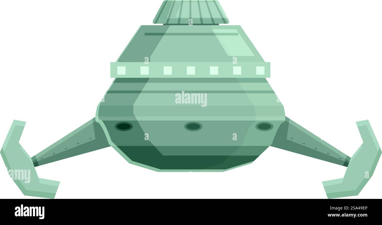 Gray spaceship with four legs extended is floating in space. Retro ...