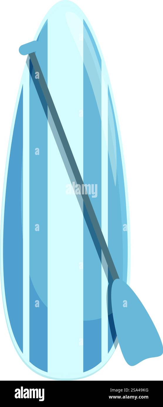 Blue and white paddle board with a paddle is leaning on a white ...