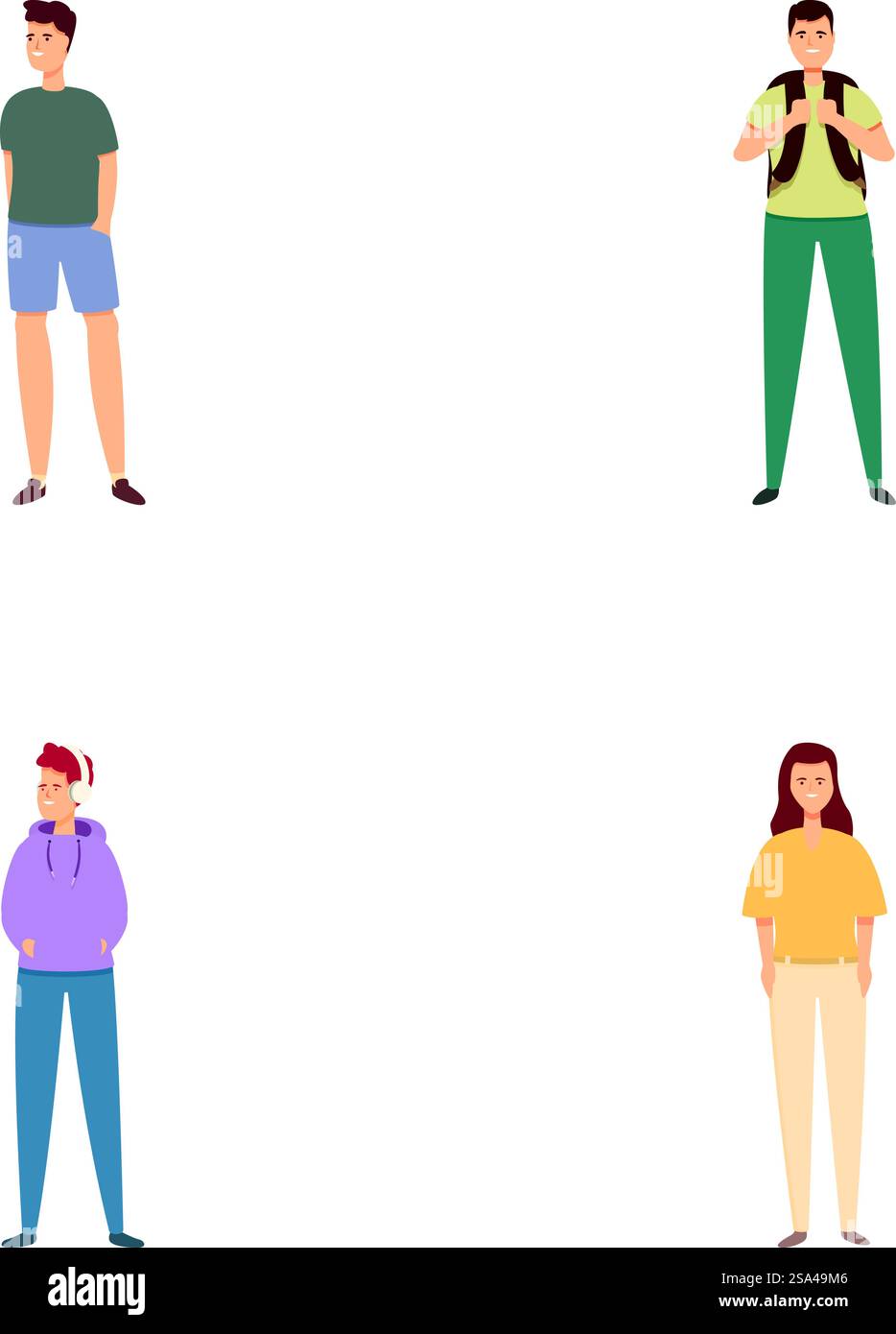Vector illustrations of diverse young adults standing in casual attire ...