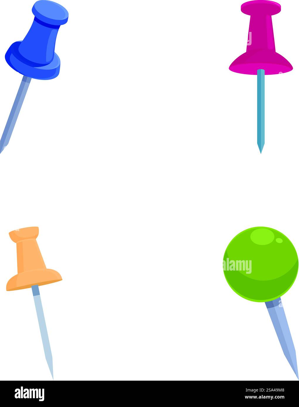 Collection of four cartoonstyle push pins in different colors for ...