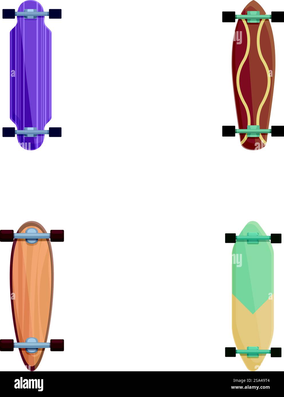 Vector collection of four colorful skateboard designs on a white ...