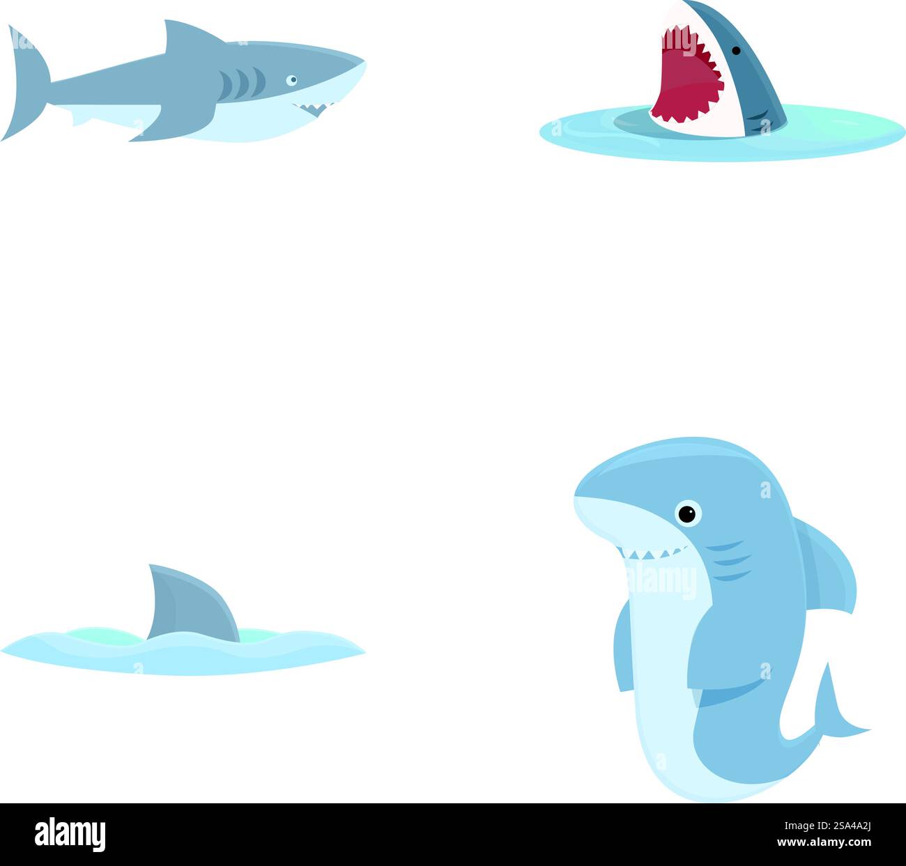Set of four cartoon sharks isolated on white background, showing ... Set of four cartoon sharks isolated on white background, showing ...