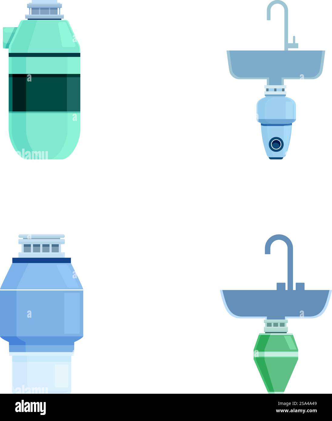 Vector illustration of water purifying bottles and two types of sinks ...
