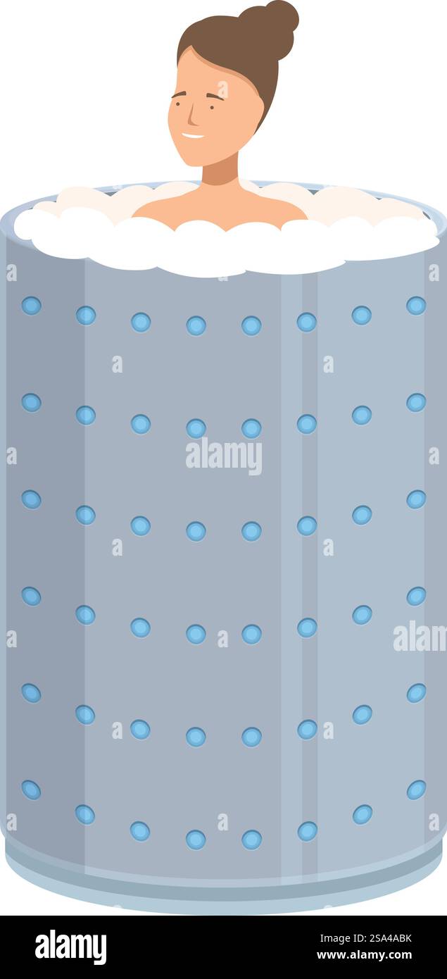 Young woman is taking a cryotherapy session, standing in a capsule ...