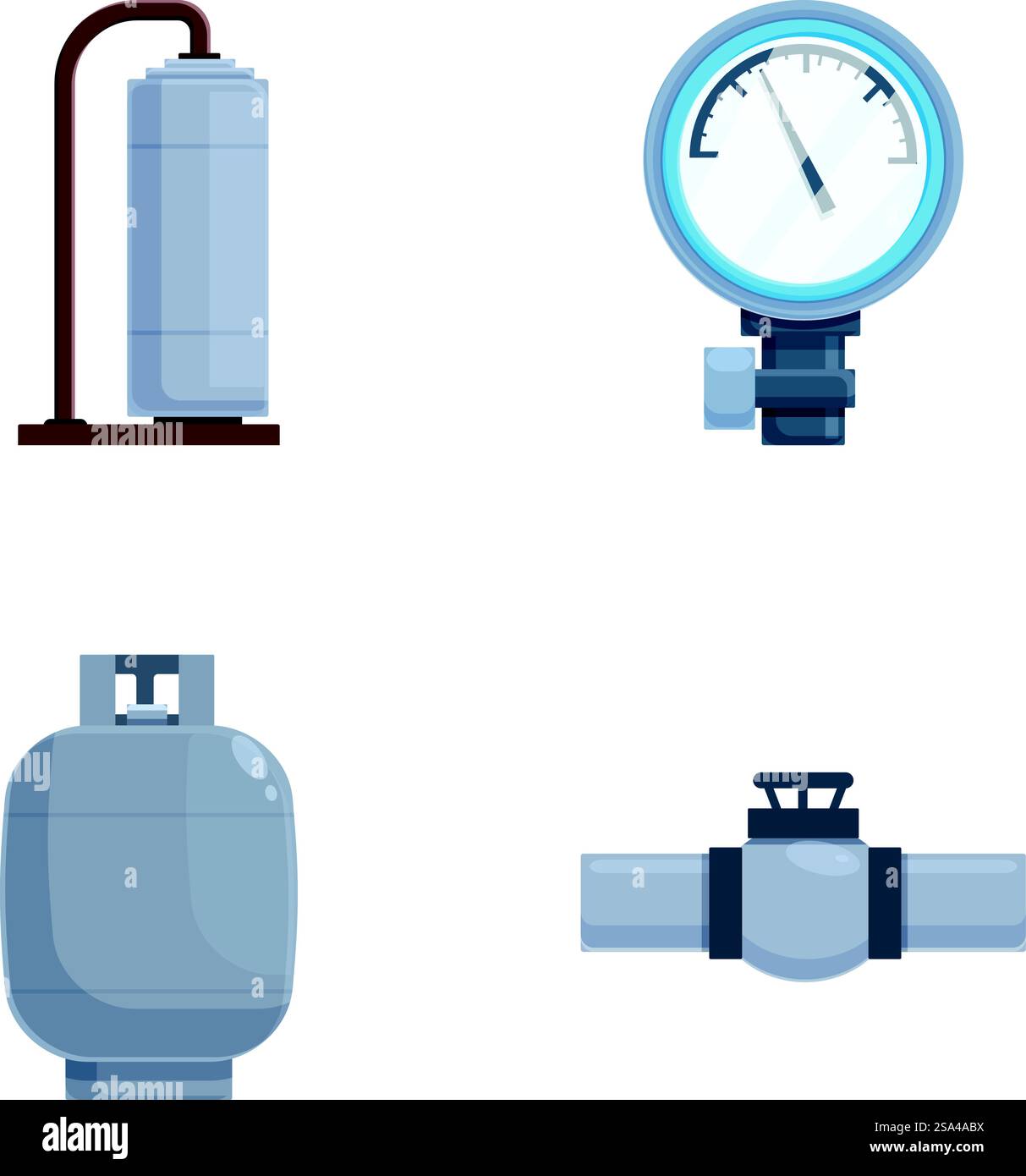 Set of four industrial icons featuring a storage tank, pressure gauge ...