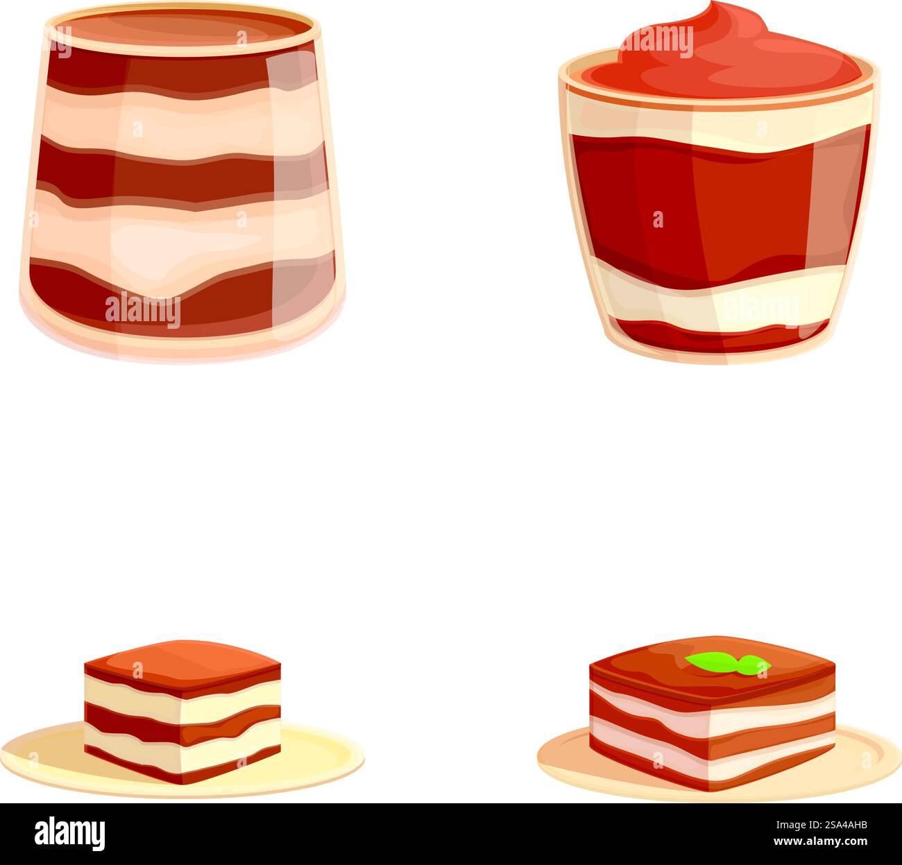 Collection of four cartoonstyle delicious desserts, ideal for menus and ...