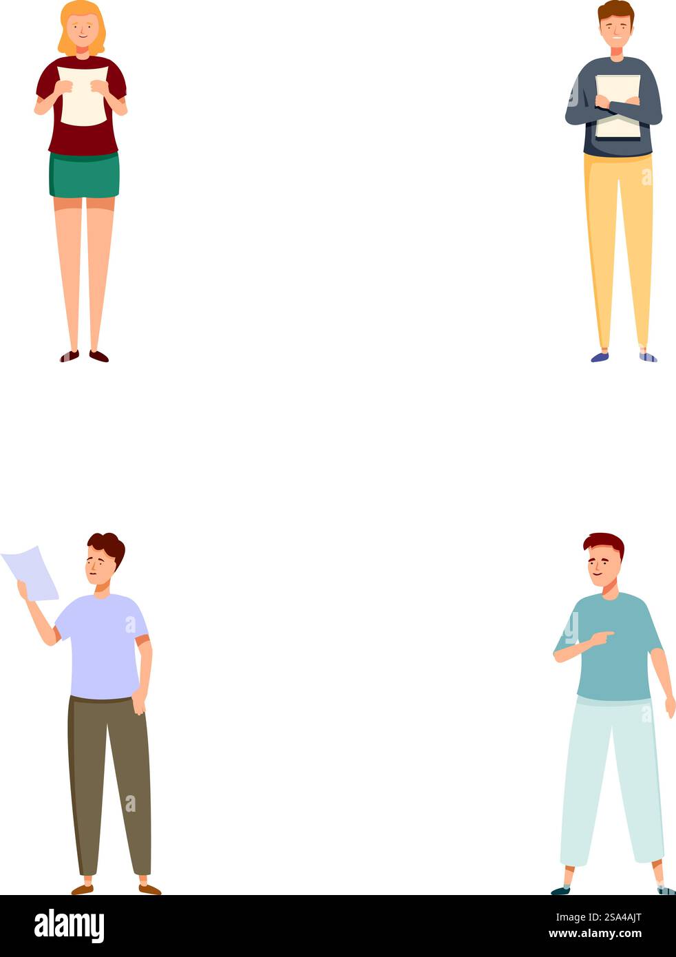 Vector illustration of four cartoon characters engaging in different ...