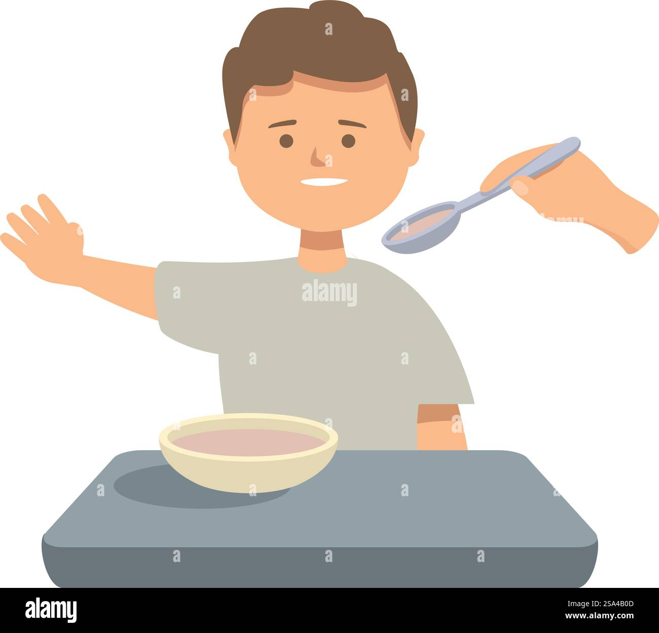 Young hospital patient is refusing food from a nurse who is trying to ...