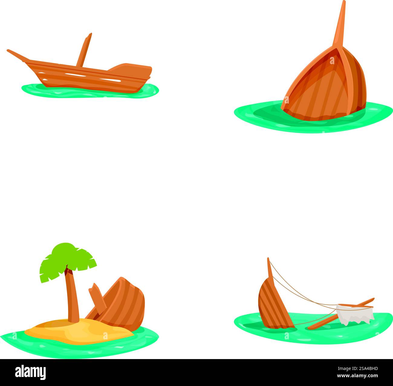 Collection of four cartoon illustrations featuring tropical islands ...