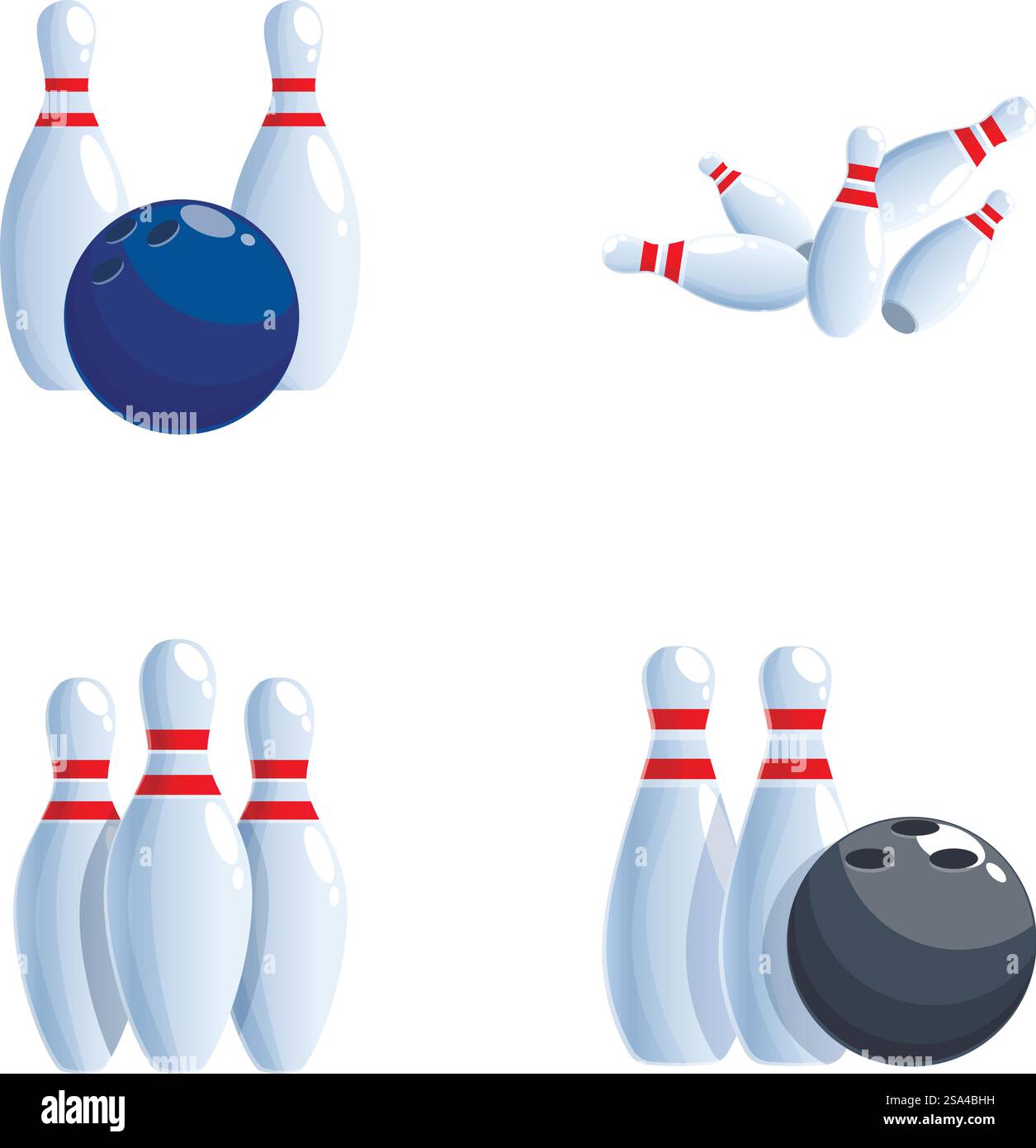 Collection of bowling pins and ball in various arrangements, perfect ...