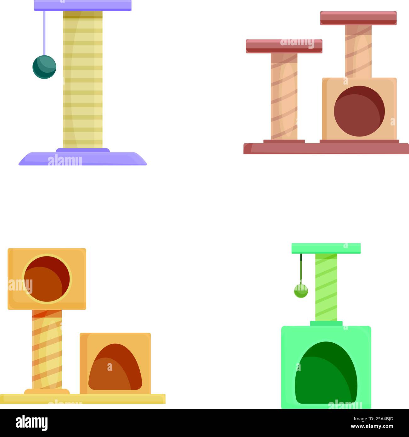 Set of four stylish and colorful cat scratching posts isolated on a ...