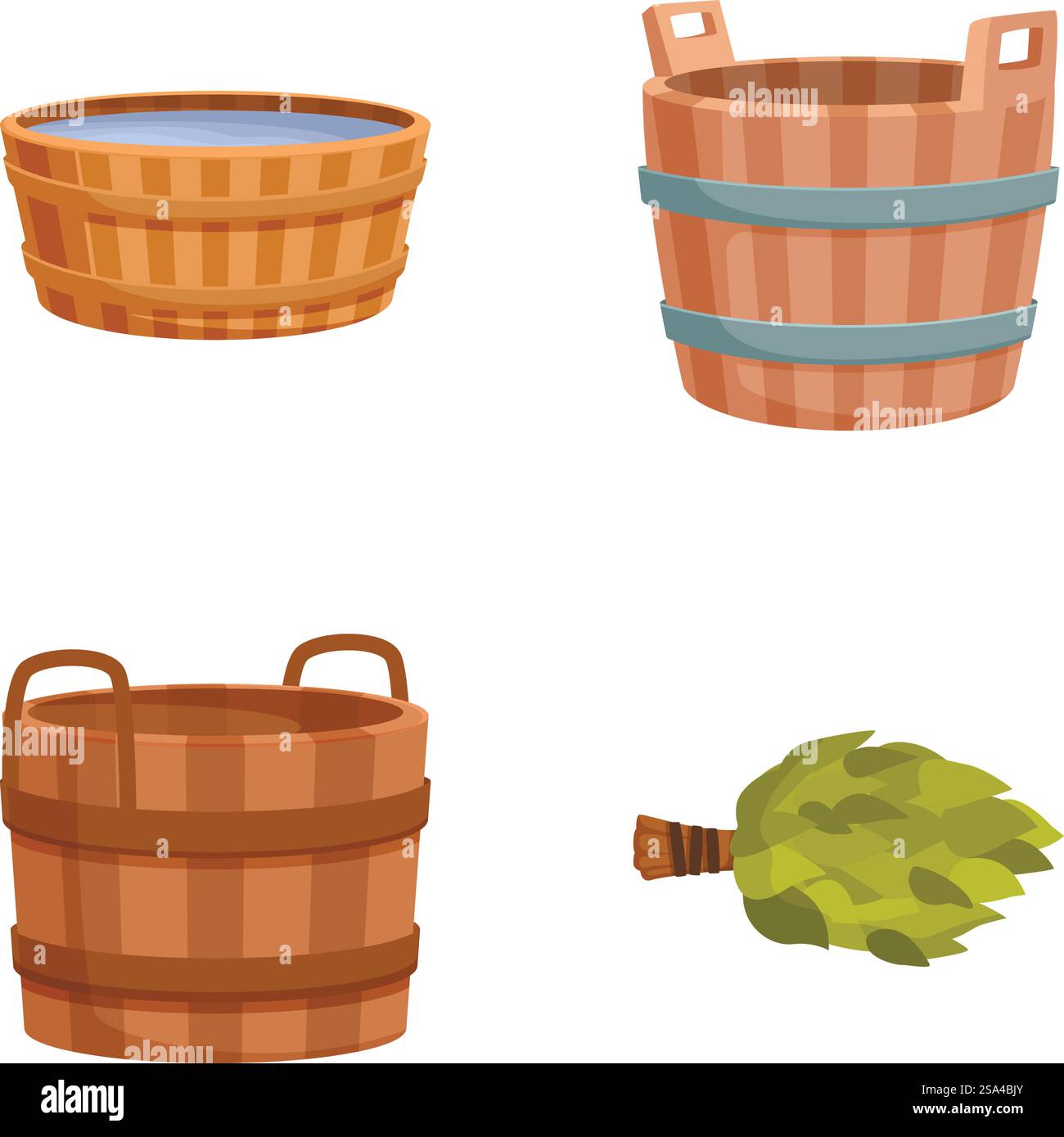 Set of illustrated empty baskets and fresh green hops, isolated on ...