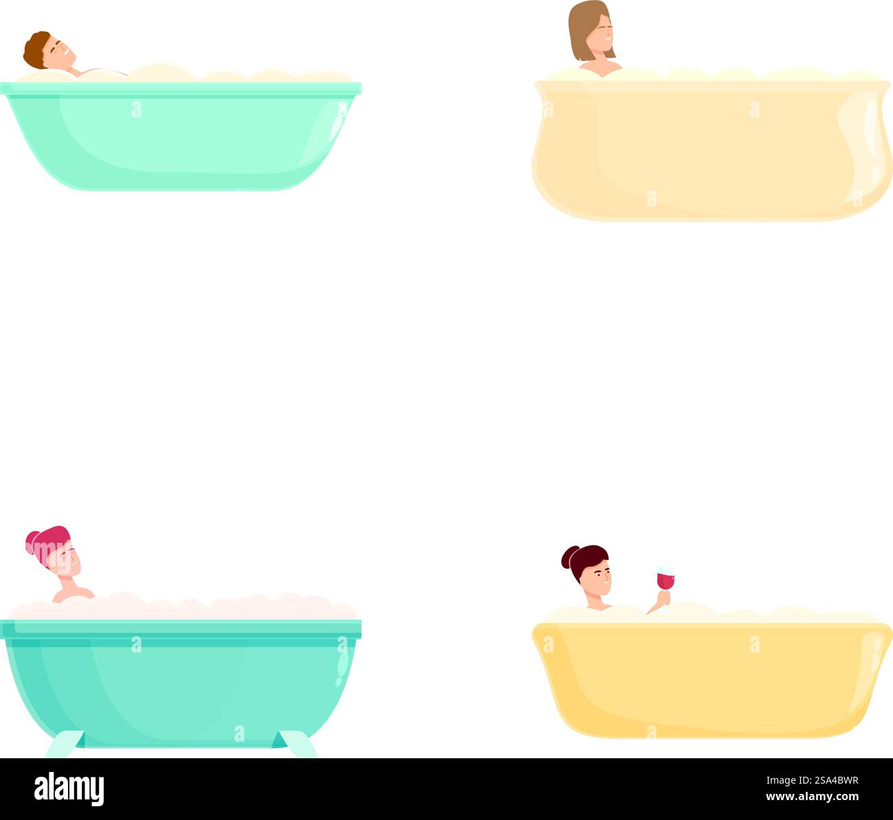 Collection of diverse people relaxing in bubble baths, isolated on white. Set of bath time ...