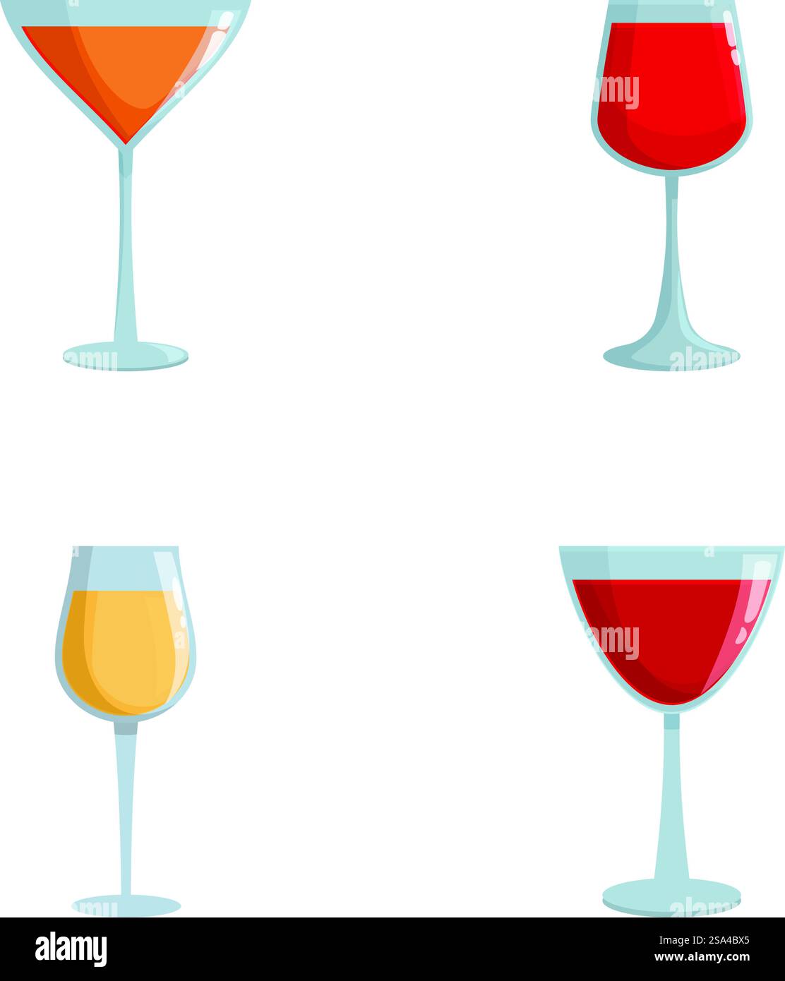 Four vector illustrations of wine glasses with different types of wine ...