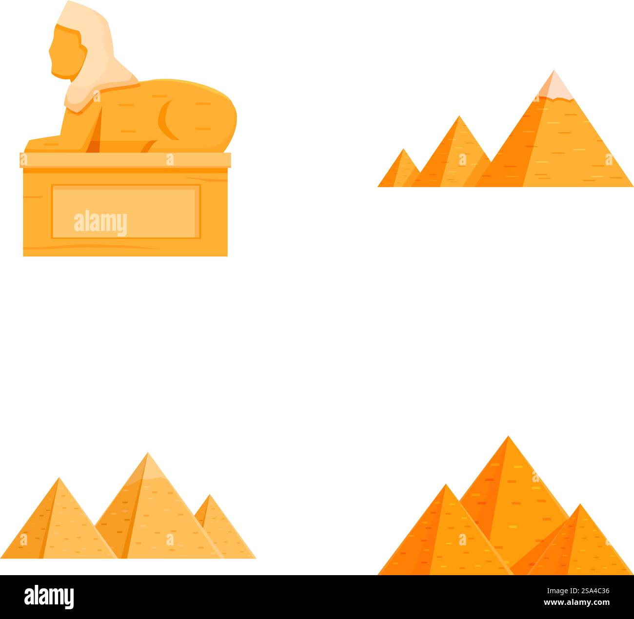 Collection of flat vector icons showing an egyptian sphinx and pyramids in various styles ...