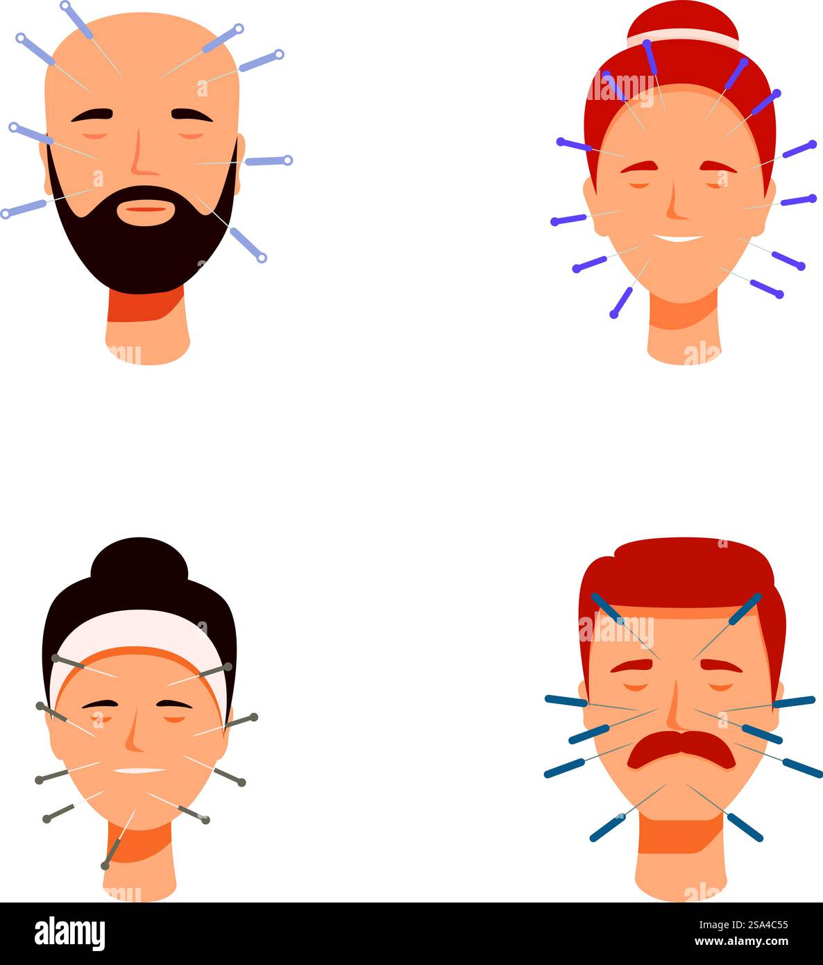 Illustrated collection of diverse cartoon faces undergoing acupuncture ...